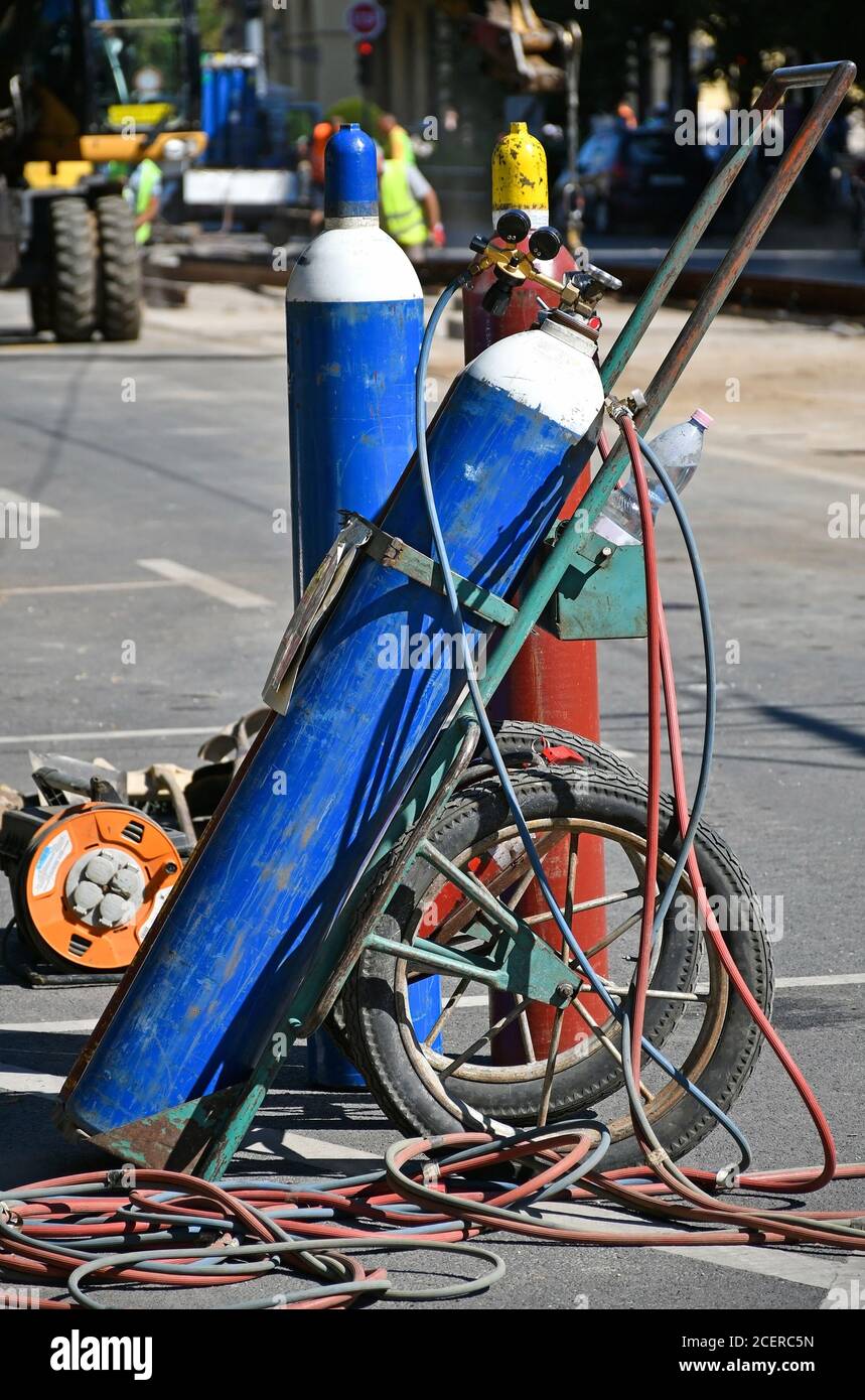 Gas containers for welding at the construction site Stock Photo - Alamy