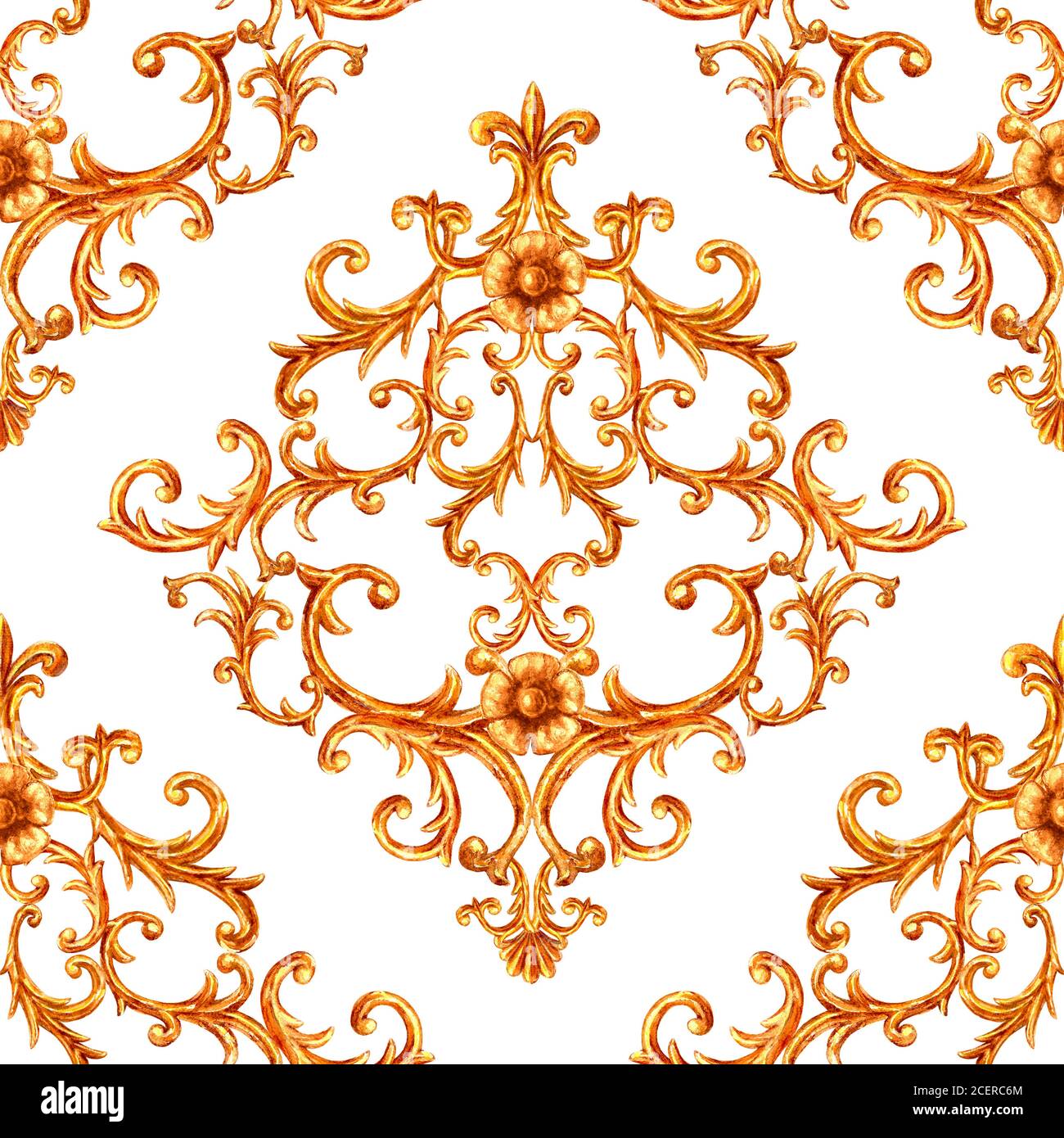 Baroque golden elements ornamental seamless pattern. Watercolor hand ...