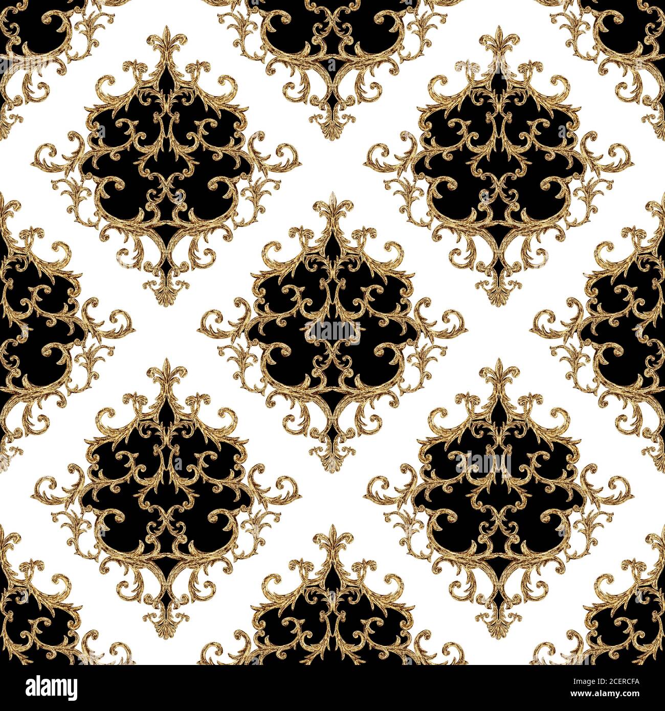 Baroque golden elements ornamental seamless pattern. Watercolor hand ...