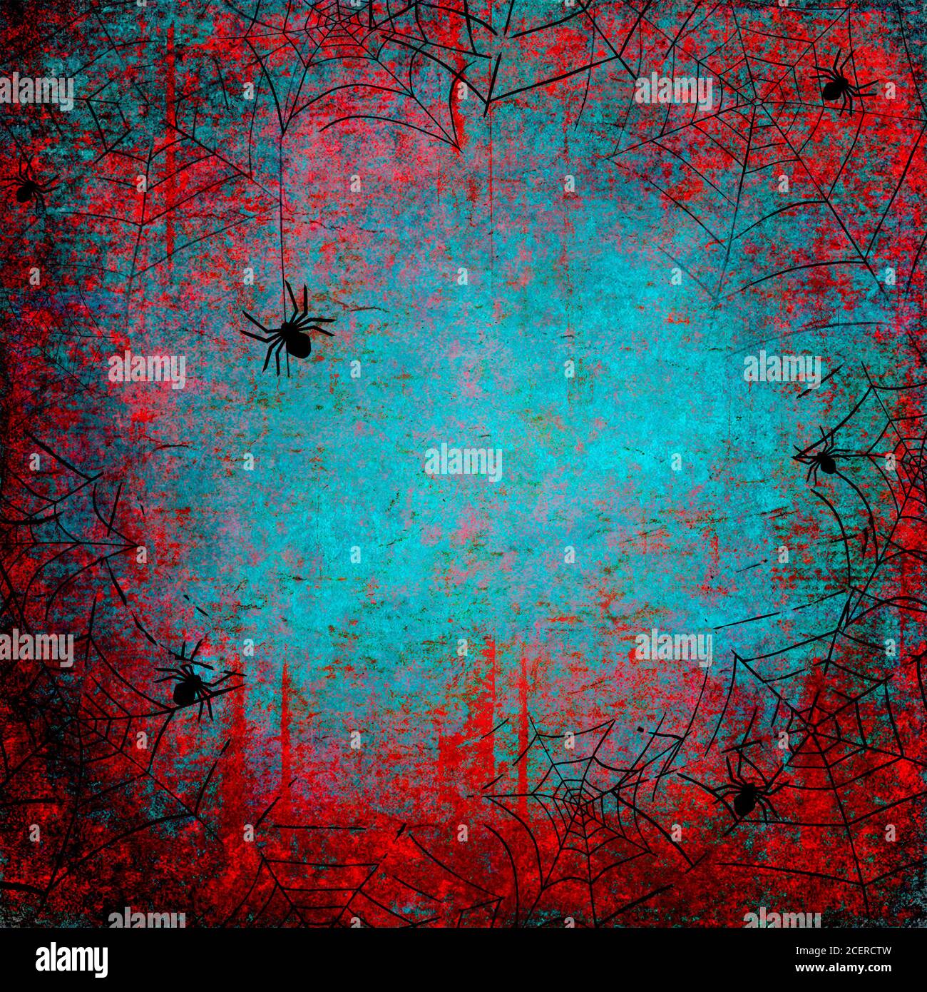 Halloween bloody red and teal grunge background with webs and spiders ...