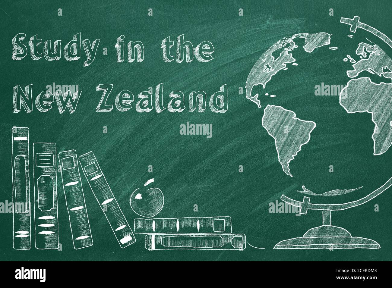 Lettering "Study in New Zealand", globe and school books are drawn with ...