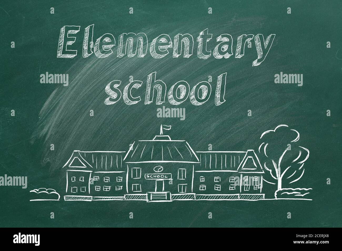 School building and lettering Elementary school on blackboard. Hand ...