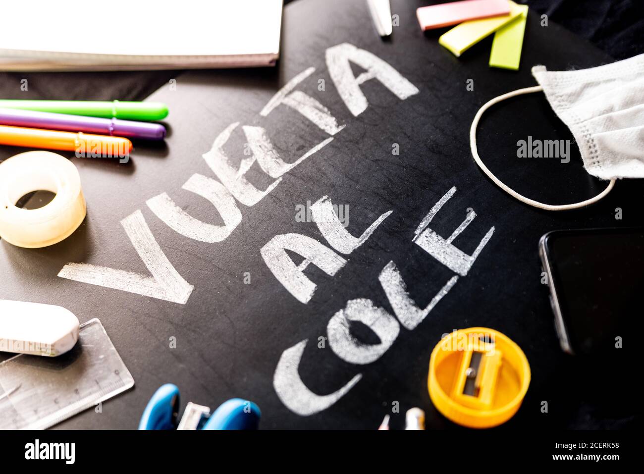 Vuelta al cole text in spanish, meaning back to school, with covid face ...