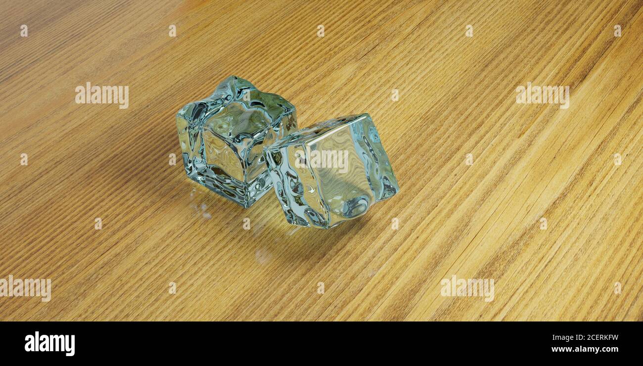 two ice cubes wooden table background. the ice chunks to cool the ...