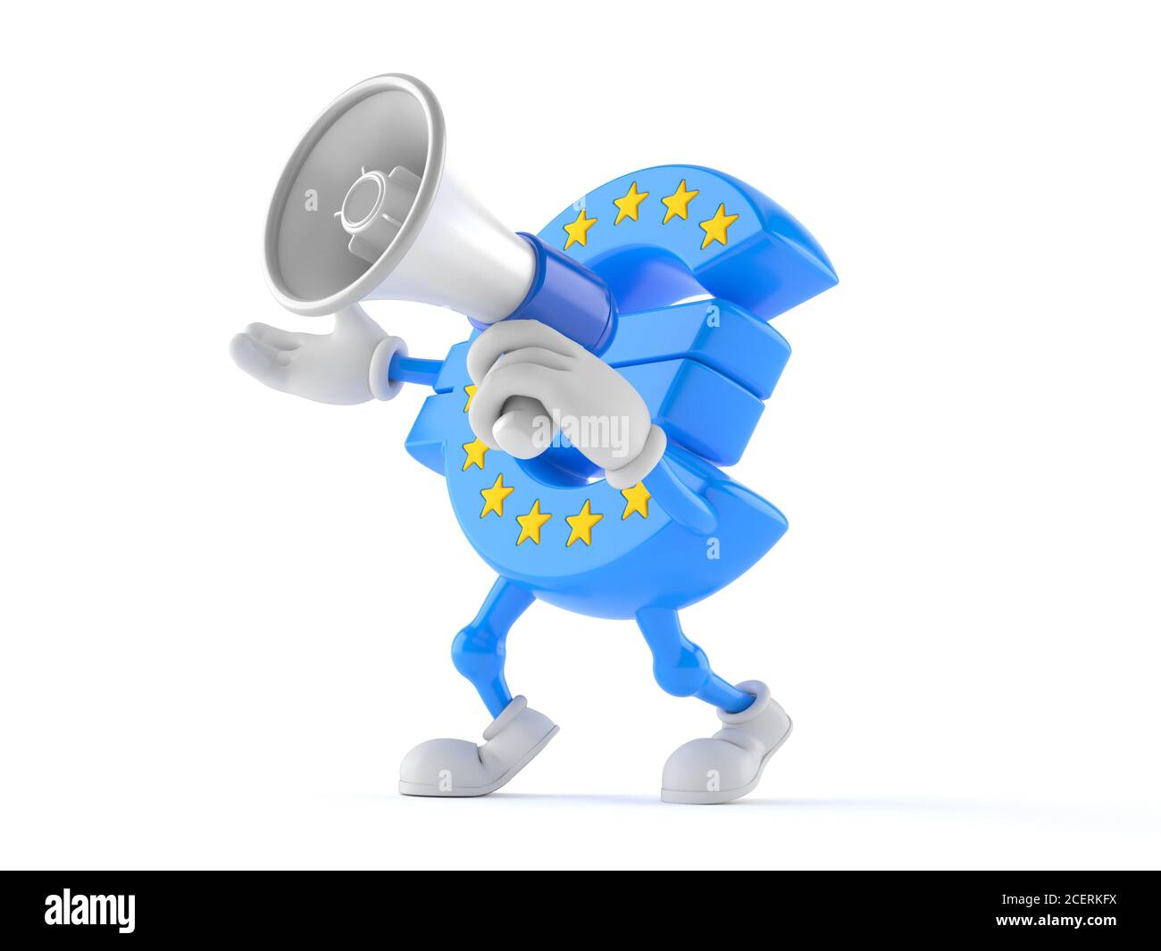 Euro character speaking through a megaphone isolated on white ...
