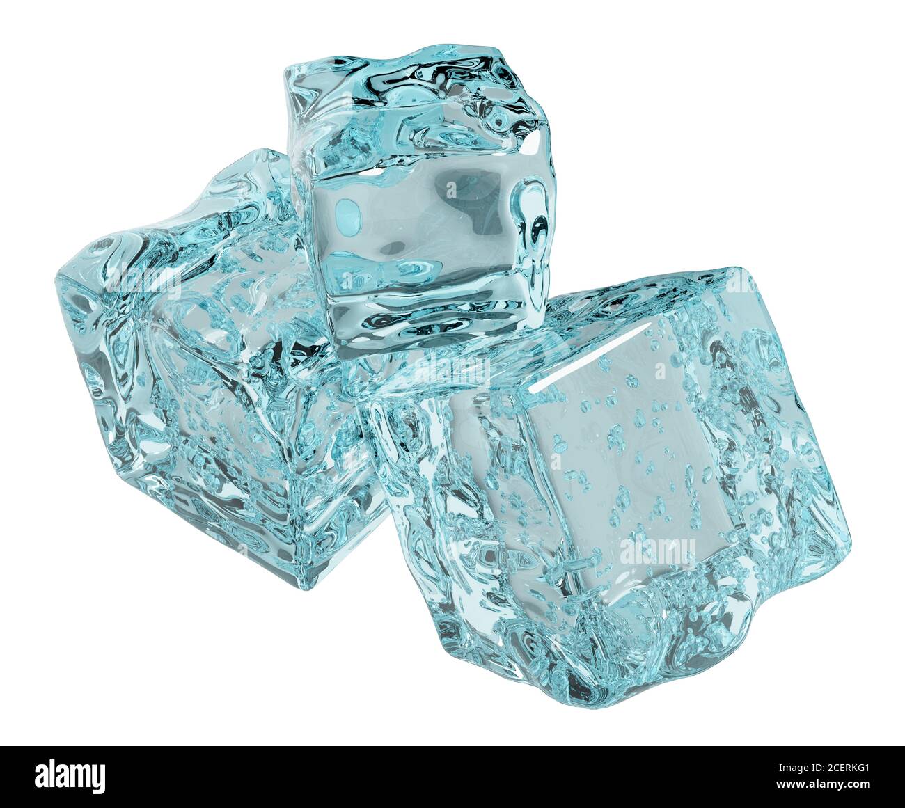 three ice cubes isolated white. ice chunks to cool the beverage close ...