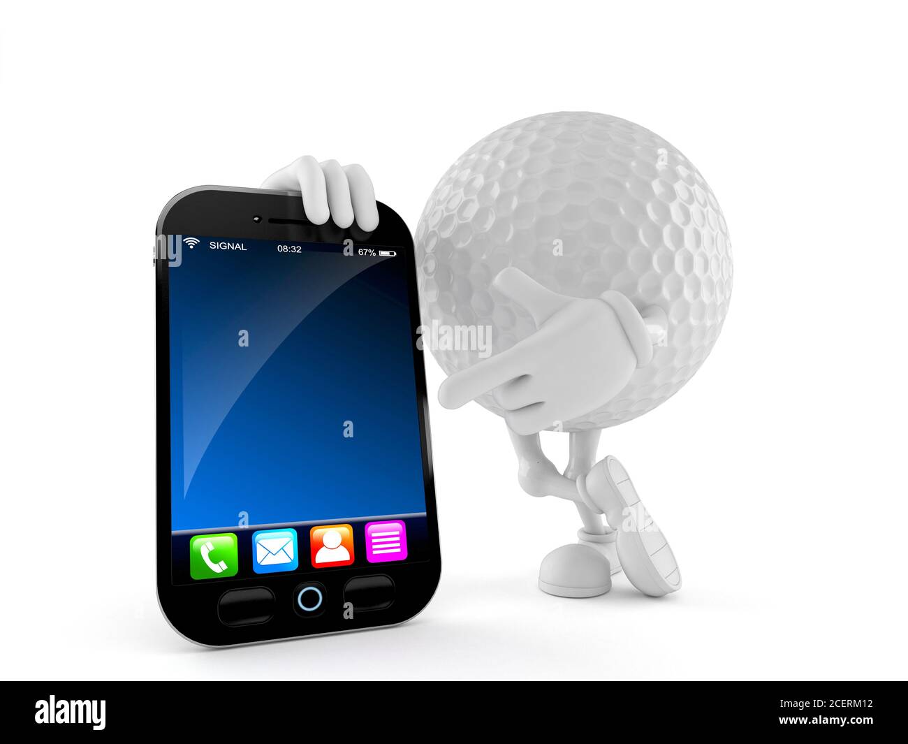 Golf ball character with smart phone isolated on white background Stock ...