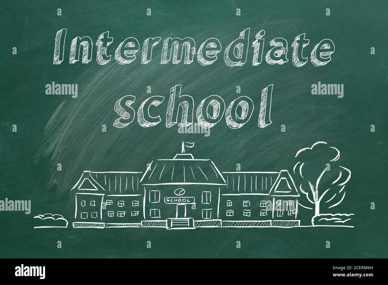 School building and lettering Intermediate school on blackboard. Hand ...
