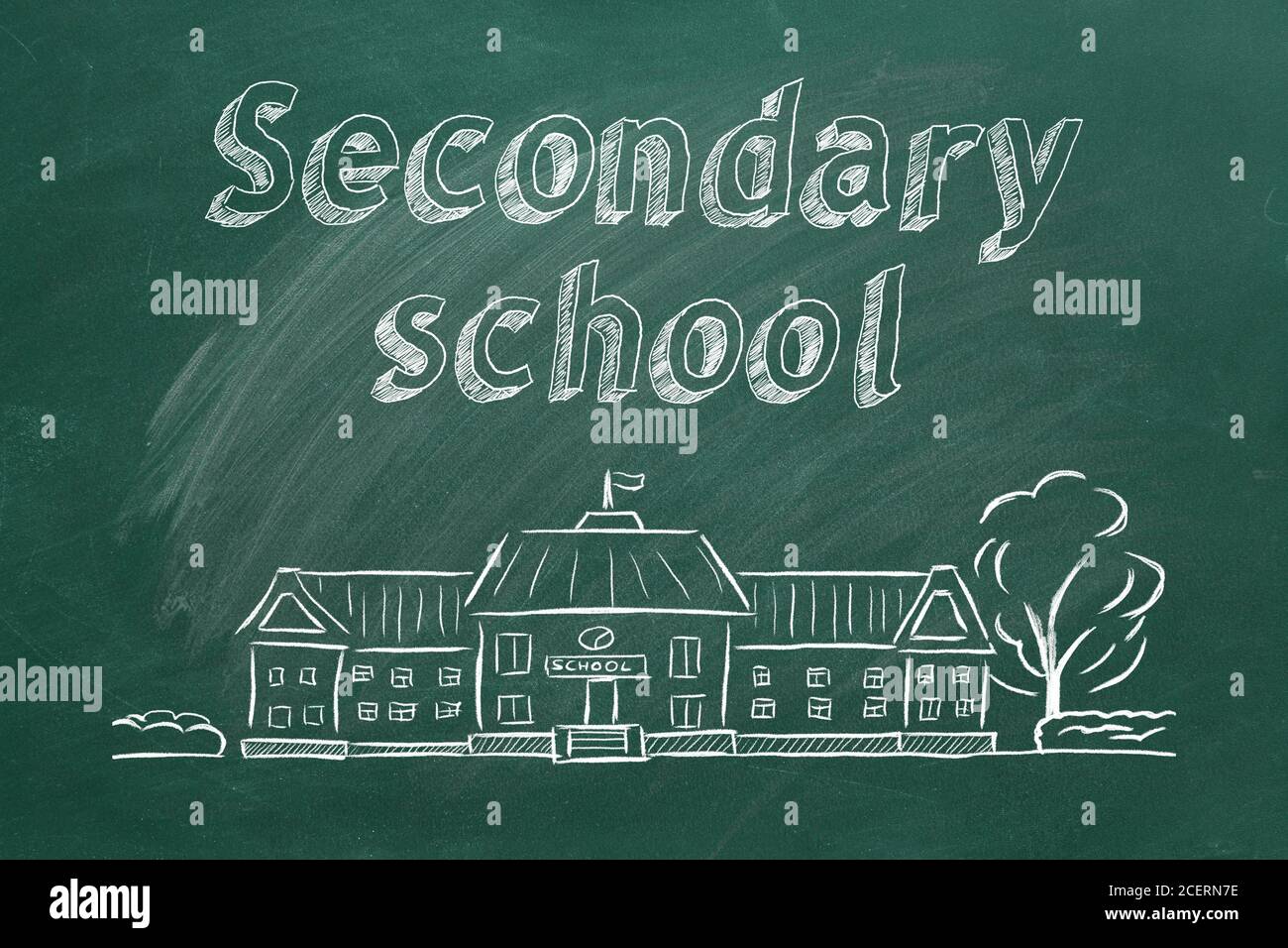 School building and lettering Secondary school on blackboard. Hand ...