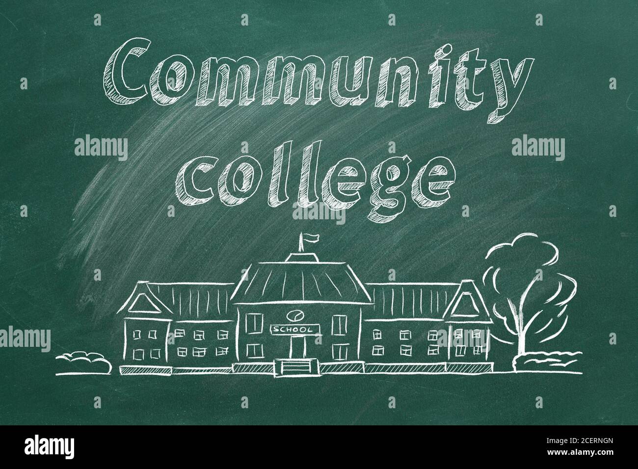 School building and lettering Community college on blackboard. Hand ...