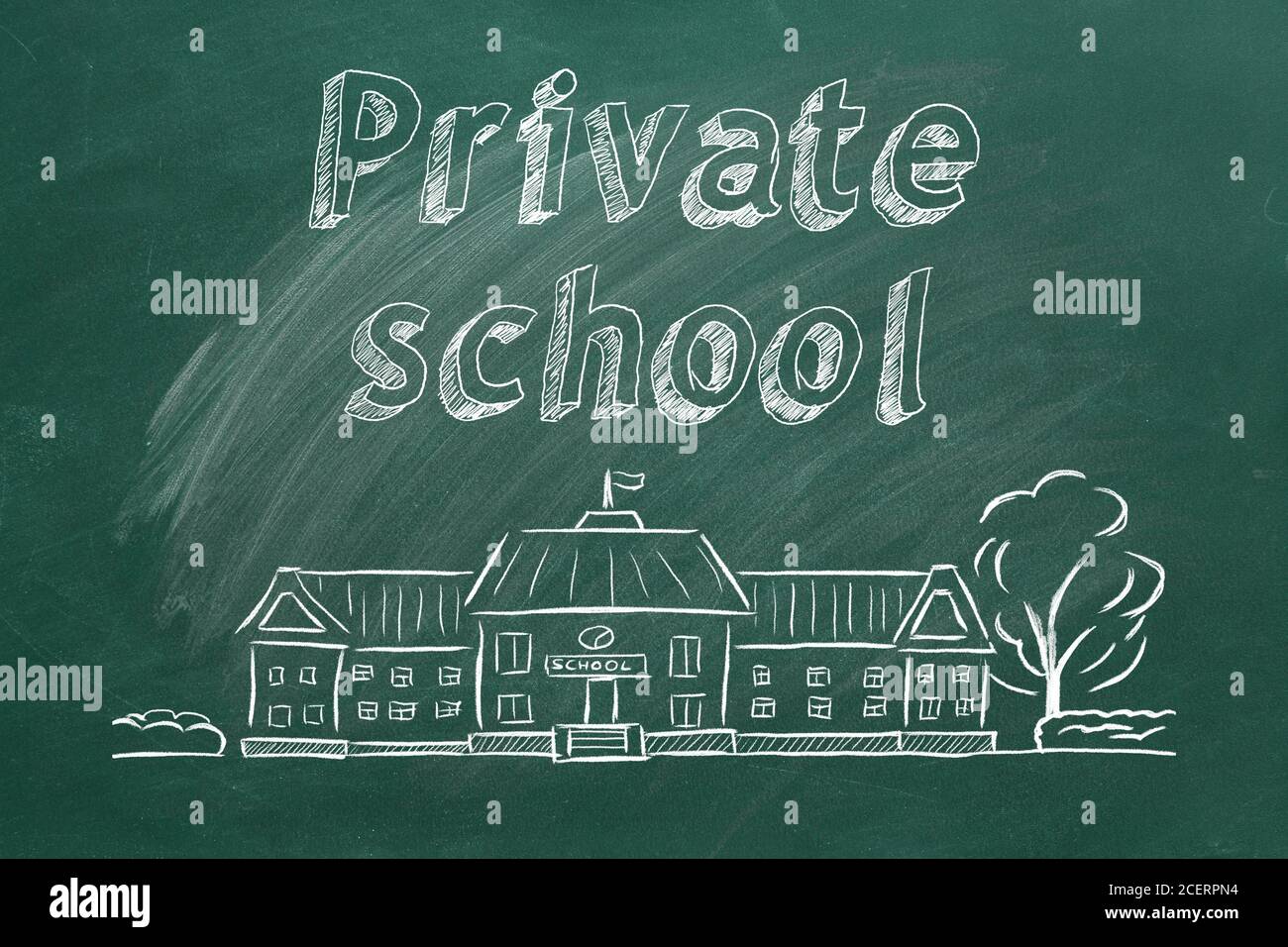 School building and lettering Private school on blackboard. Hand drawn ...