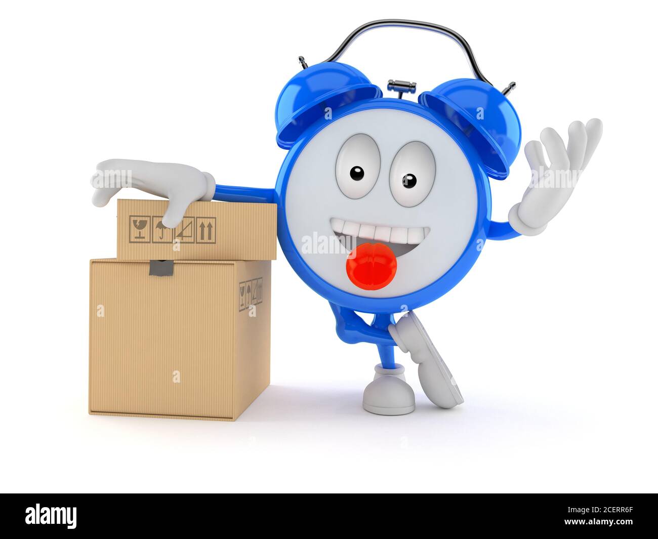 Alarm clock character with stack of boxes isolated on white background ...