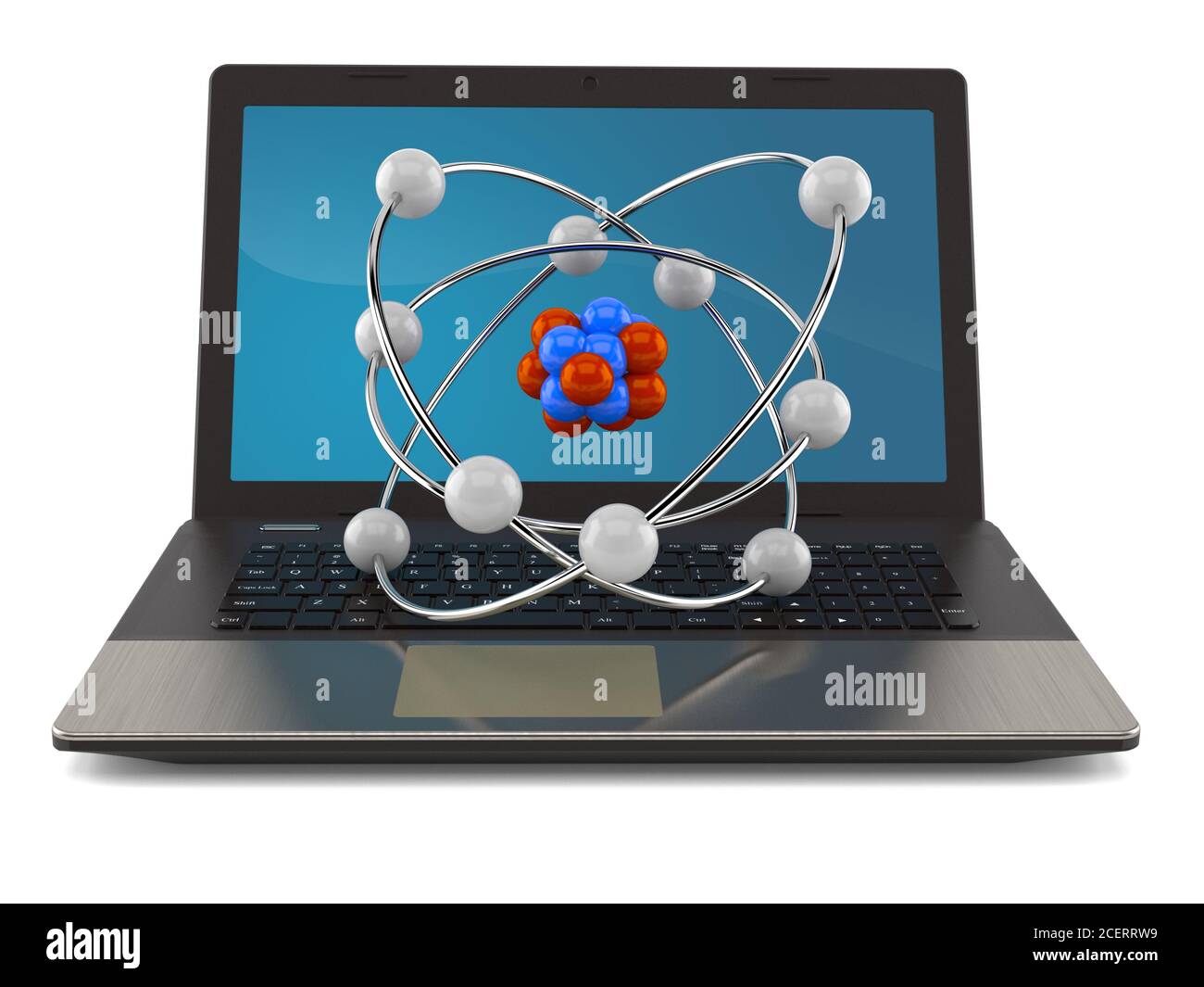 Atom model with laptop isolated on white background Stock Photo - Alamy