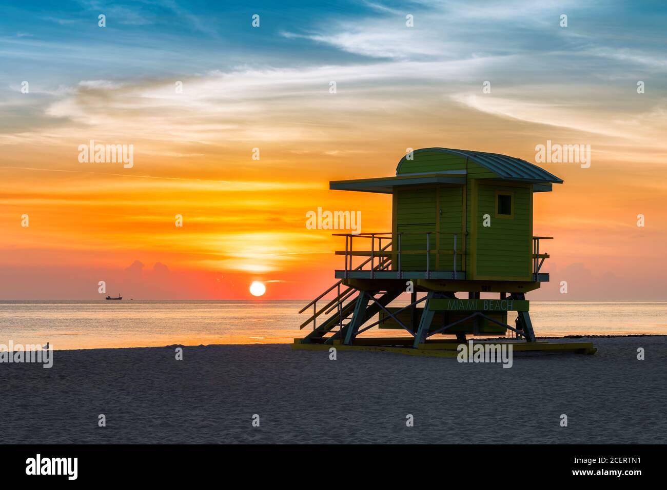 Lifeguard tower at sunrise in South Miami Beach, Florida Stock Photo ...