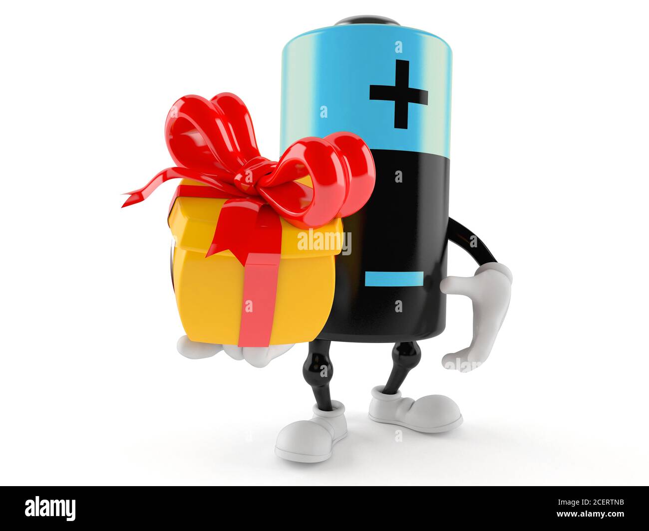 Battery character holding gift isolated on white background Stock Photo ...