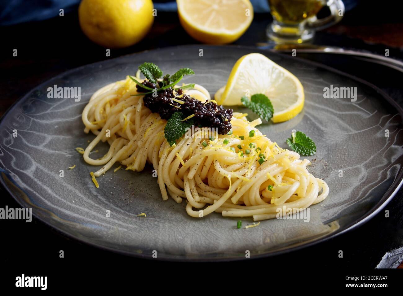 Lemon butter spaghetti with caviar Stock Photo - Alamy