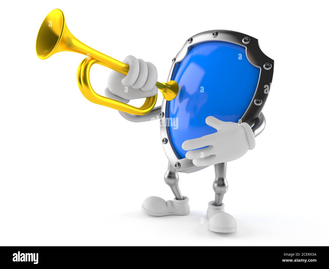 Shield character playing the trumpet isolated on white background Stock ...