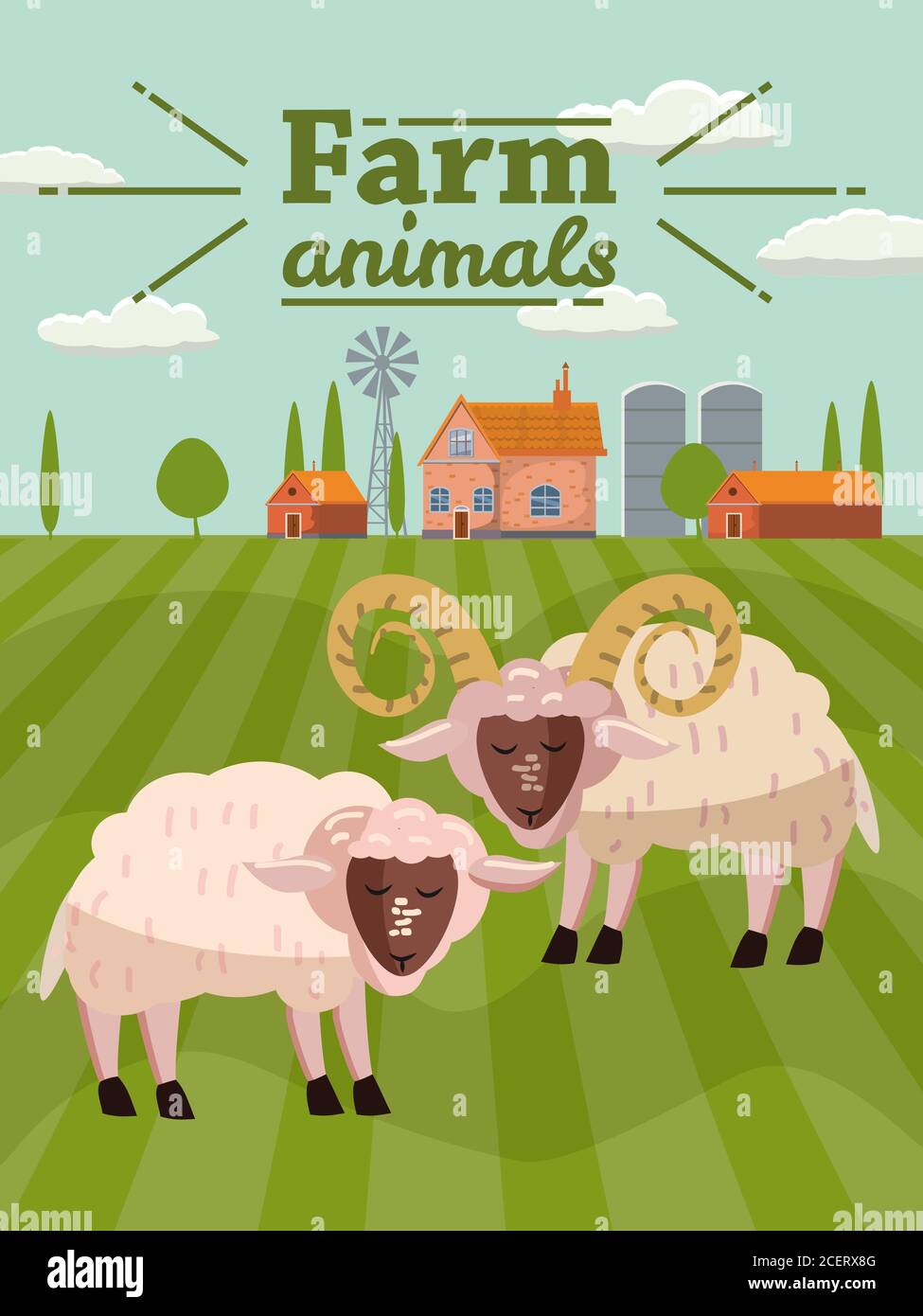 Sheep and ram are farm animals. Rural landscape background. Vector ...