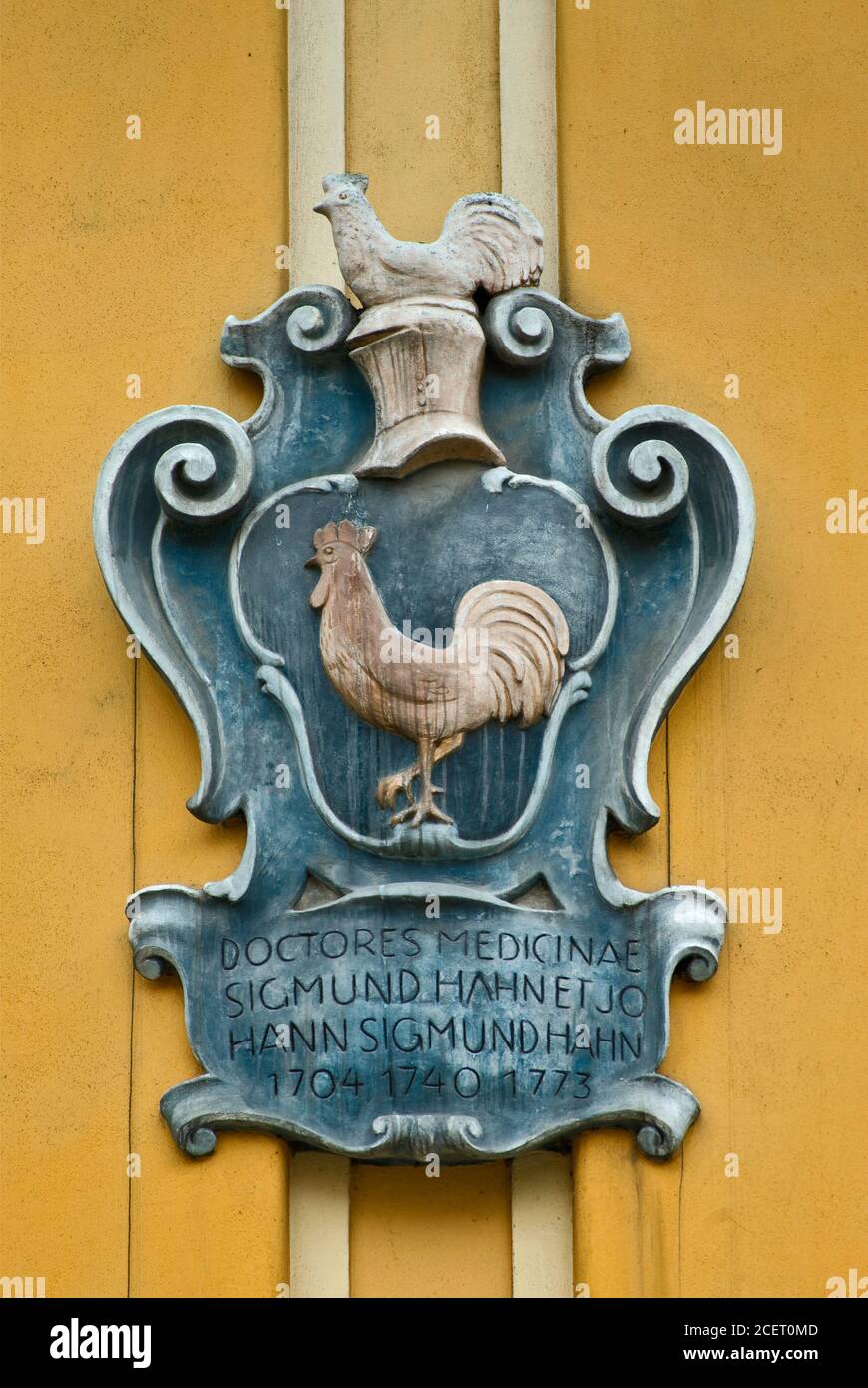 Cartouche with rooster emblem, 18 century physicians sign, at house at ...