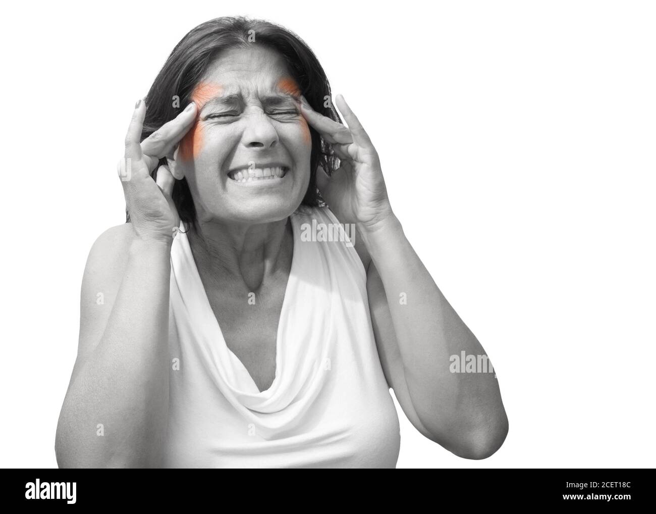 Temple pain. A middle-aged woman with muscle and bone pain in different ...