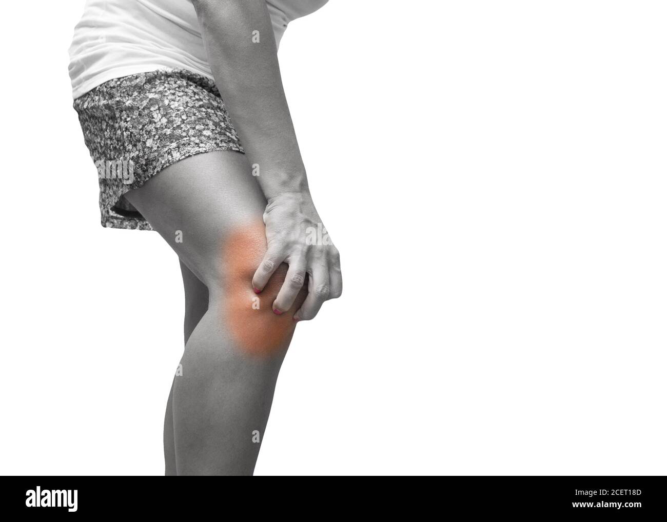 Knee pain. A middle-aged woman with muscle and bone pain in different ...