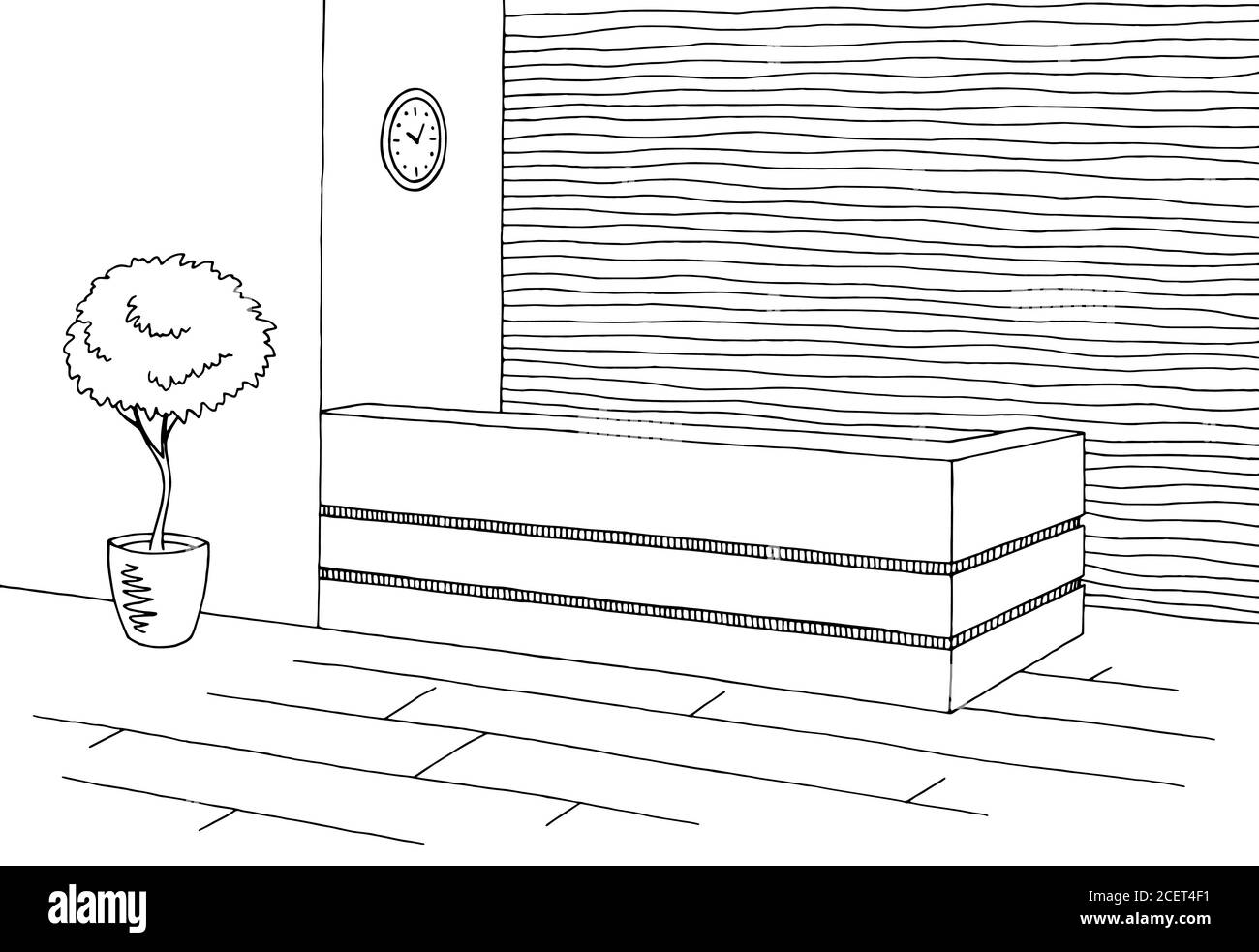 Reception graphic office room black white interior sketch illustration ...