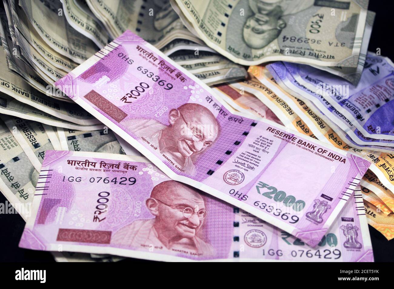 Now and old Indian currencies. 50, 100, 200, 500, 2000 rupee notes and ...