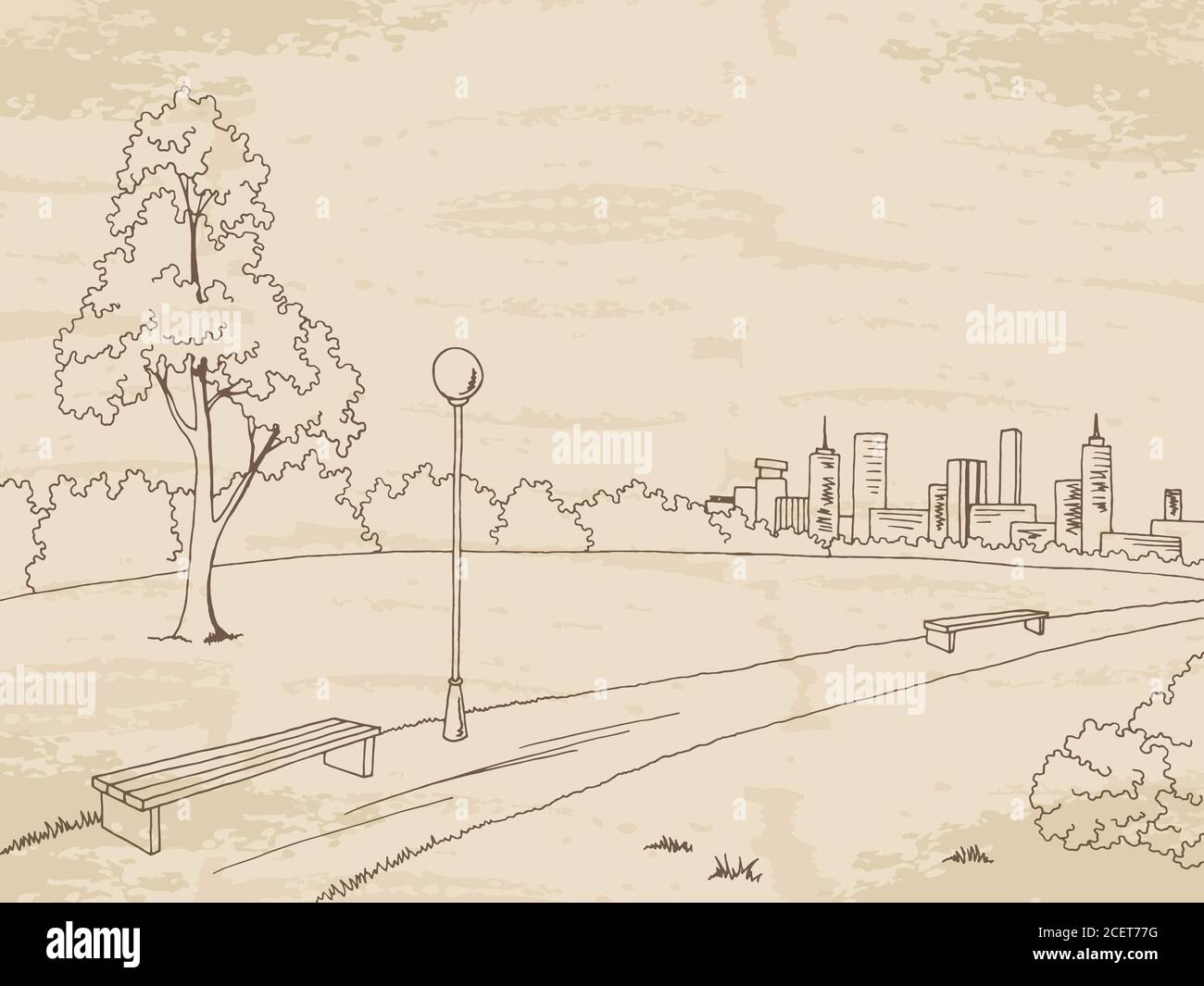 Park graphic bench lamp landscape sketch illustration vector Stock ...