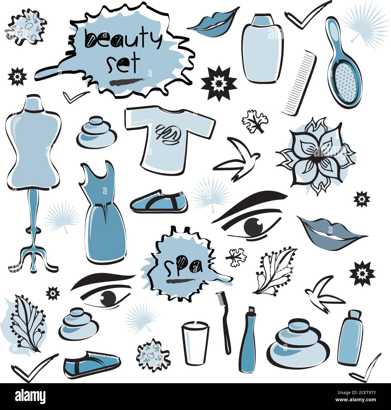 Set of Beauty Items with Spa, Fashion Doodles in Blue Colors Stock ...