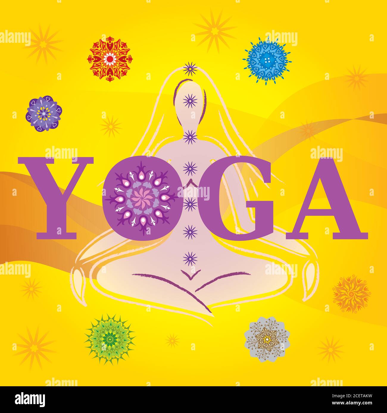 Word Yoga with Silhouette / Pose Illustration and Mandalas - Yellow ...