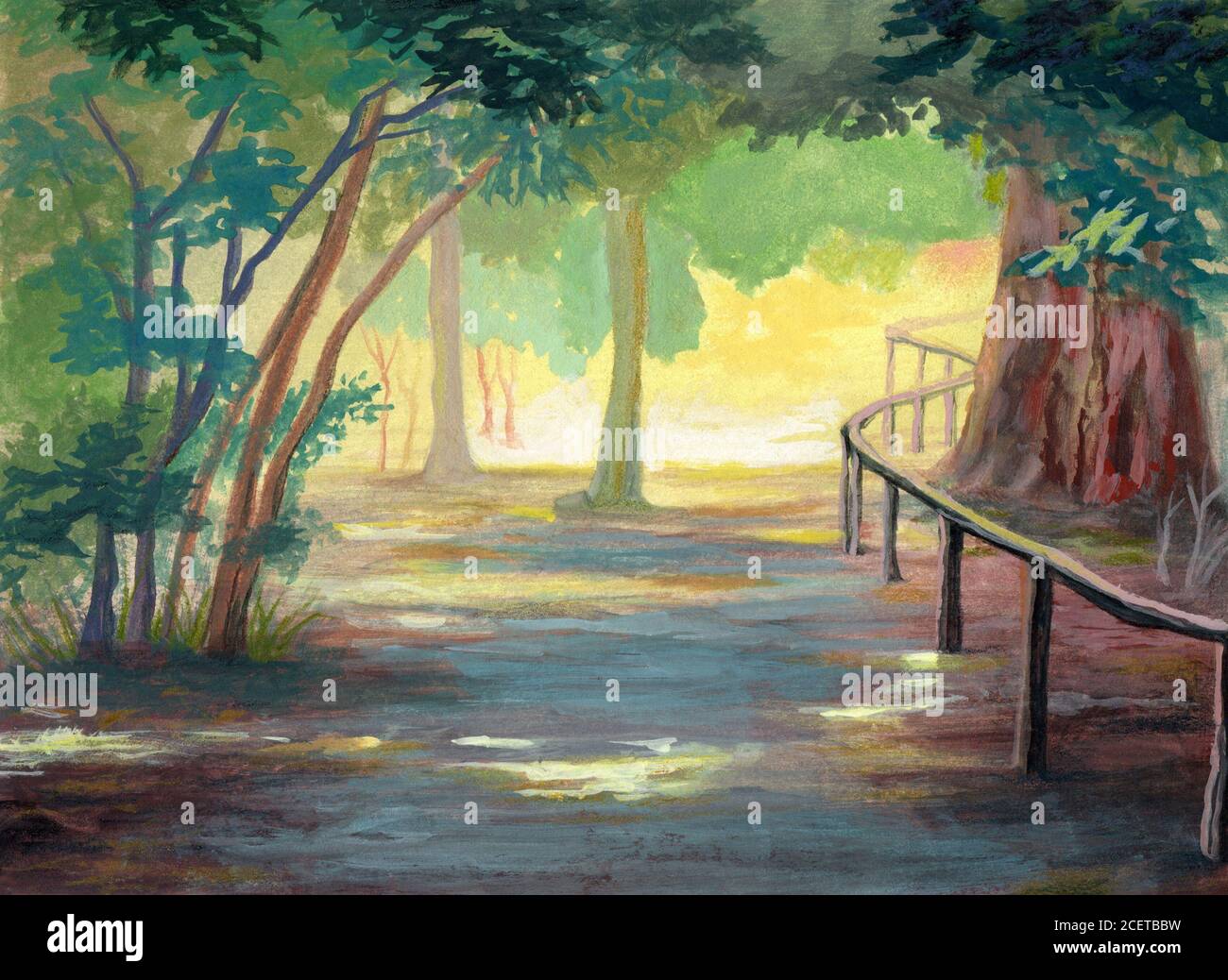 Path crossing a lush forest bathed in golden sunlight. Mixed media ...