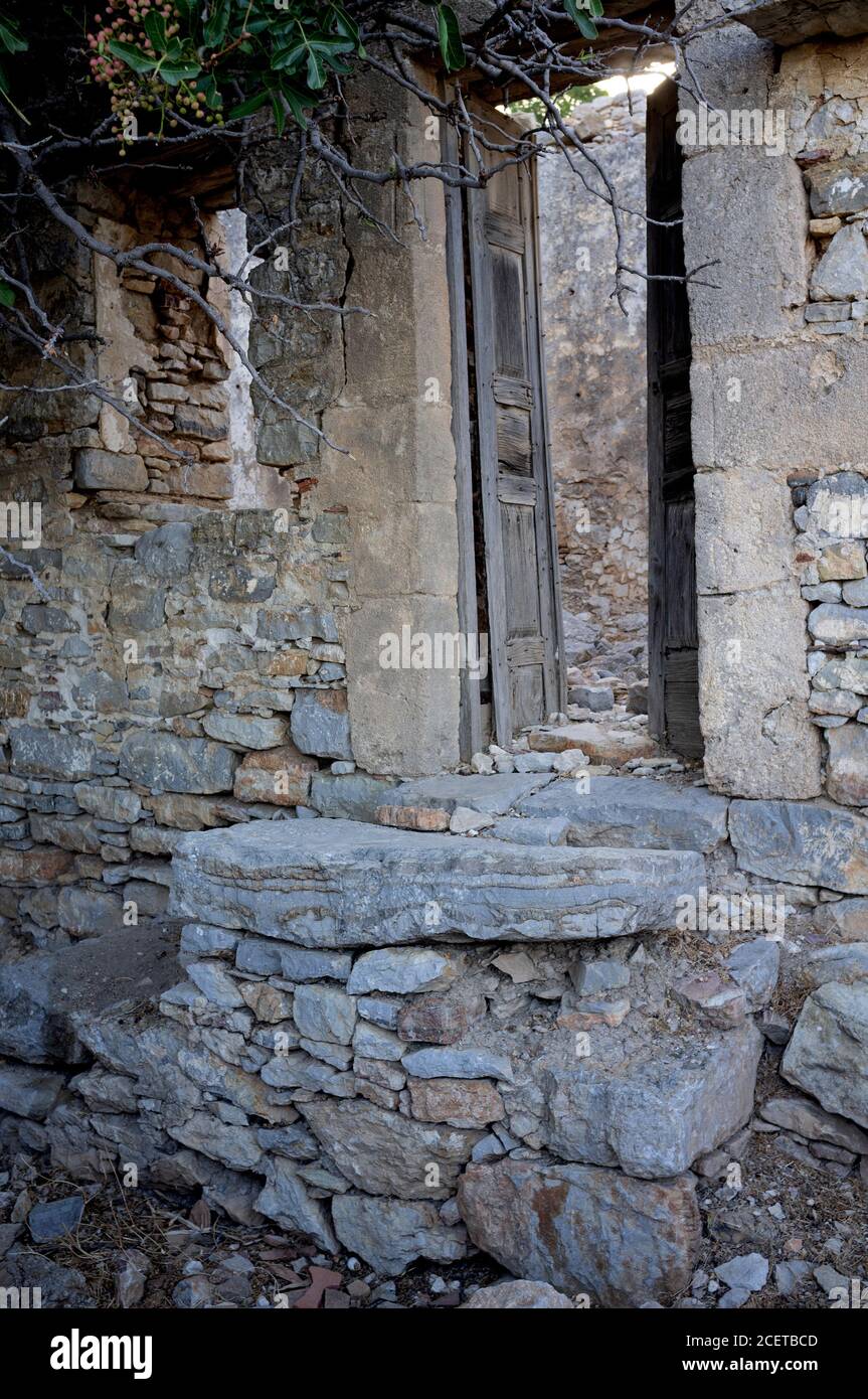 The abandoned village of Mikro Horio on the island of Tilos in Greece ...