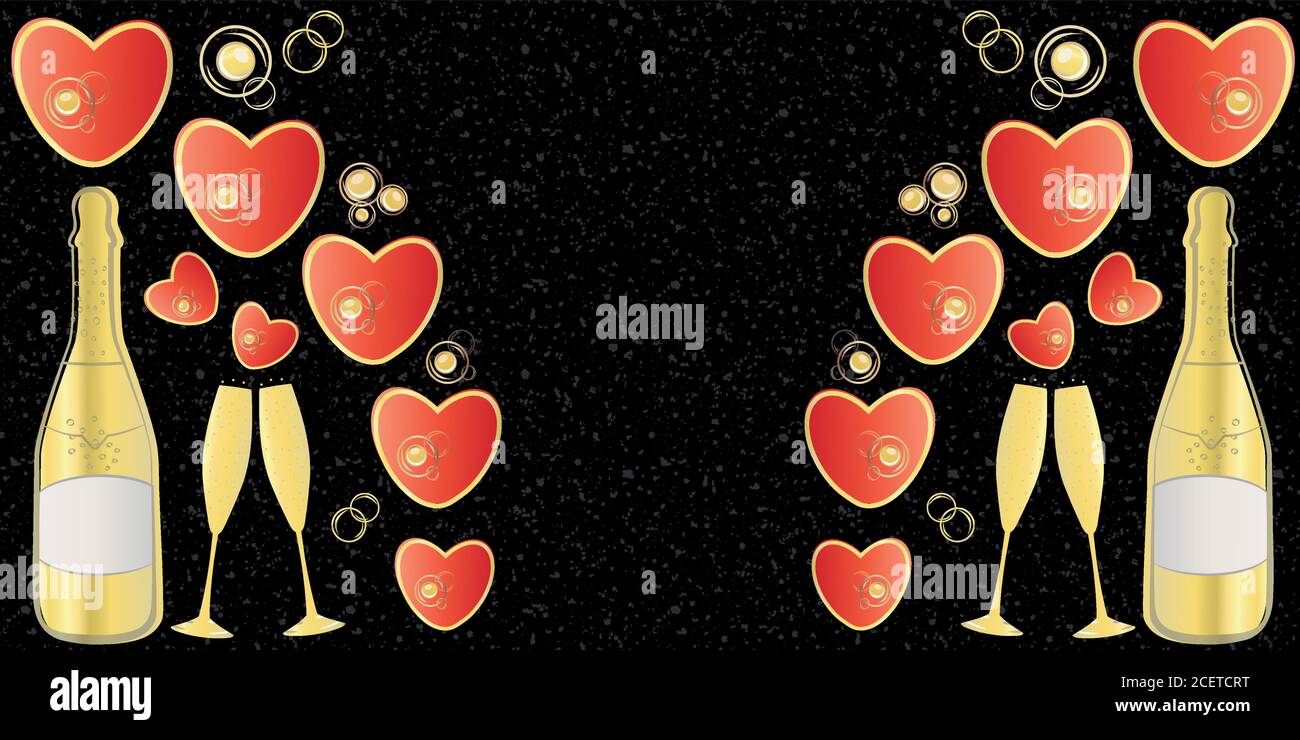 Champagne and red hearts vector border with space for copy. Gold ...