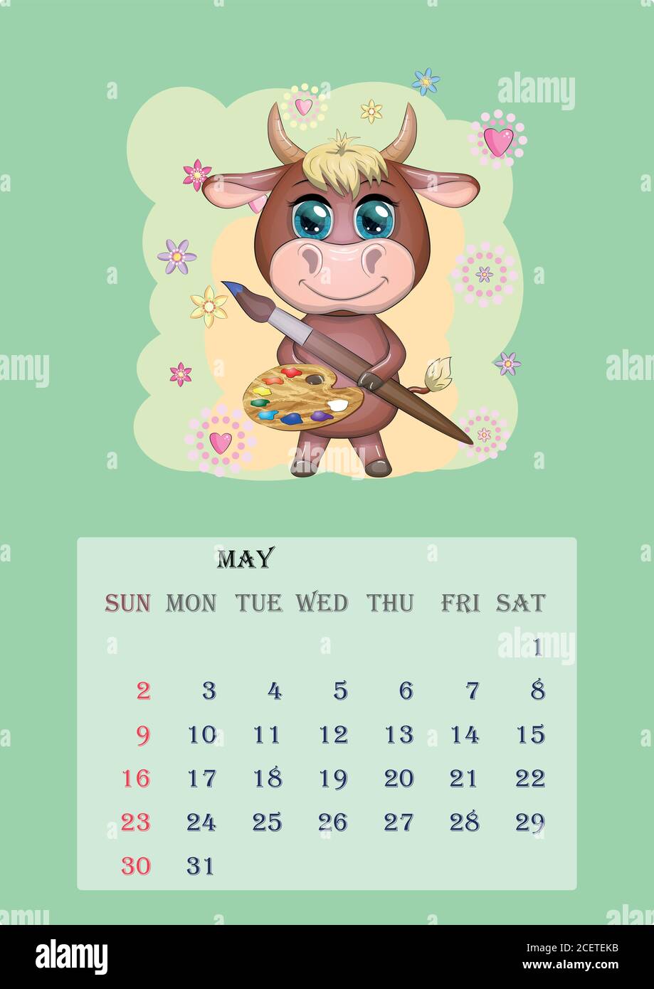 Calendar 2021. Cute bull and cow for every month Stock Vector Image ...
