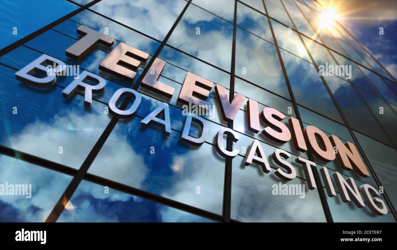 TV broadcast sign on glass building. Television broadcasting, news ...