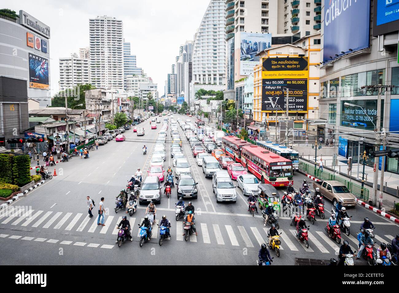 A cityscape shot from the BTS sky train walkway above Sukhumvit Rd ...
