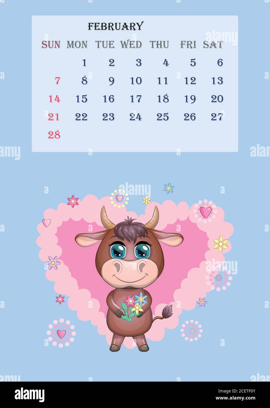 Calendar 2021. Cute bull and cow for every month Stock Vector Image ...