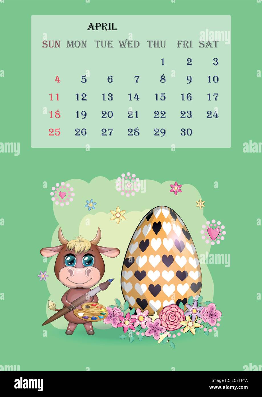 Calendar 2021. Cute bull and cow for every month Stock Vector Image ...