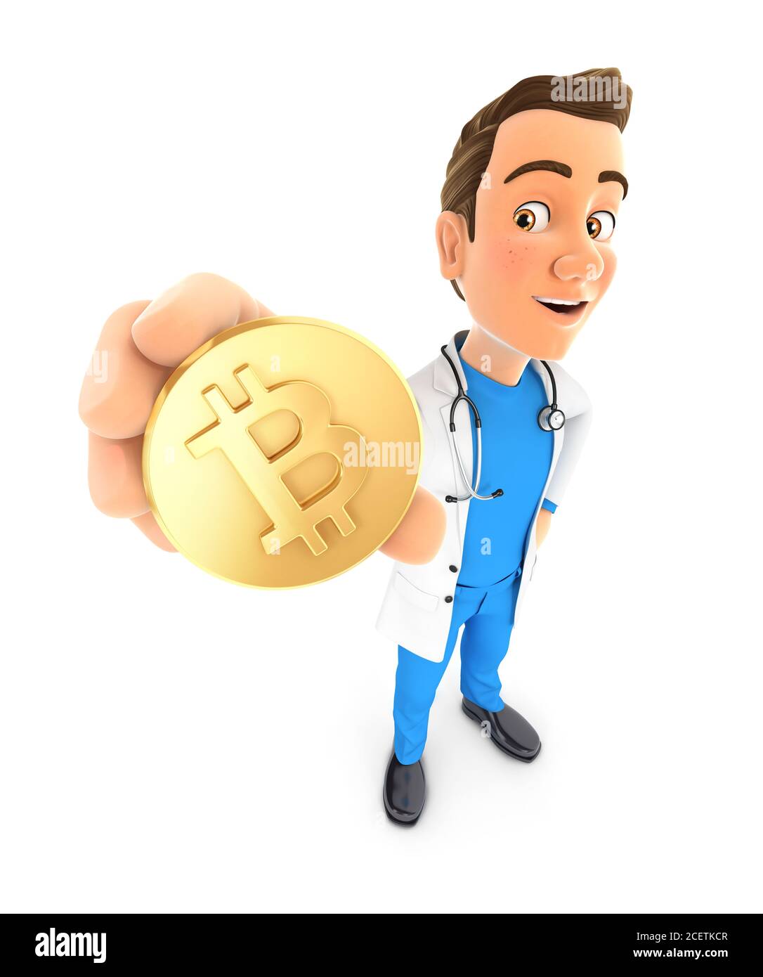 3d doctor standing and holding golden bitcoin coin, illustration with ...