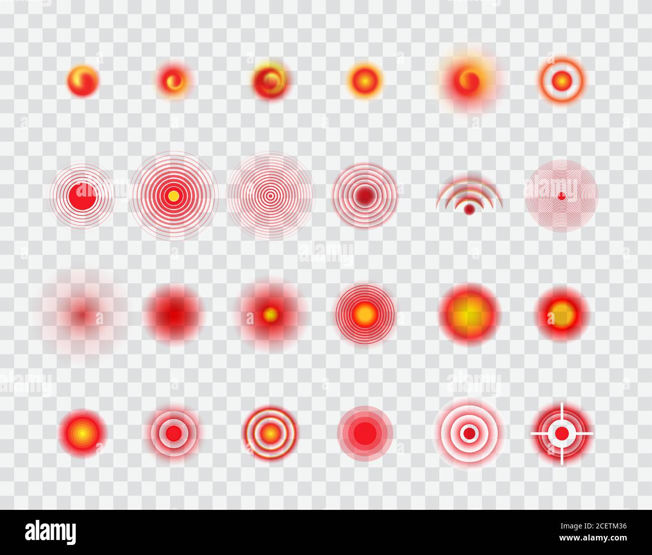 Pain localization circles, target vector icons set. Red rounds, ache ...