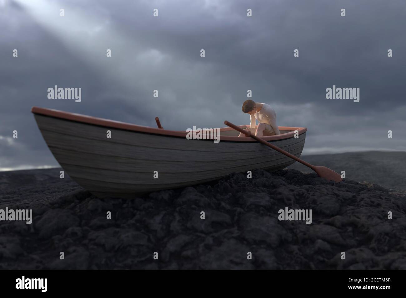 the lost man in the boat is stranded Stock Photo - Alamy