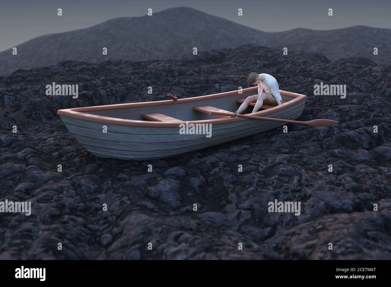 the lost man in the boat is stranded Stock Photo - Alamy