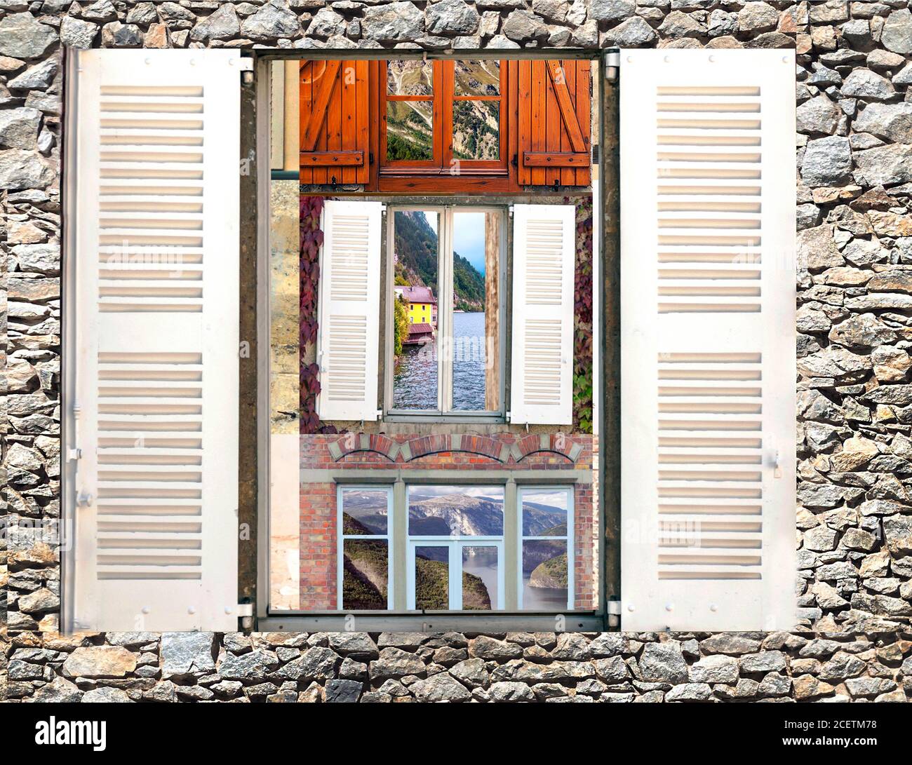 Collage of windows with view to landscape of every world Stock Photo ...
