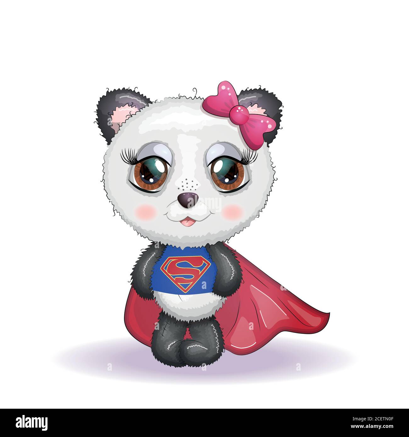 Cute little panda with big eyes in a cloak by a super hero, greeting ...