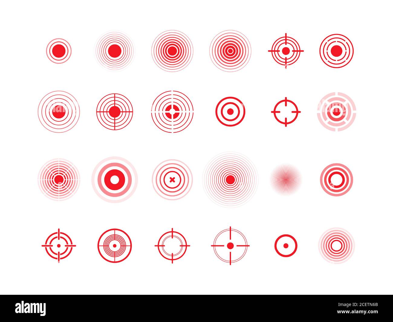 Pain circles, red target vector icons set. Red rounds, ache symbols ...