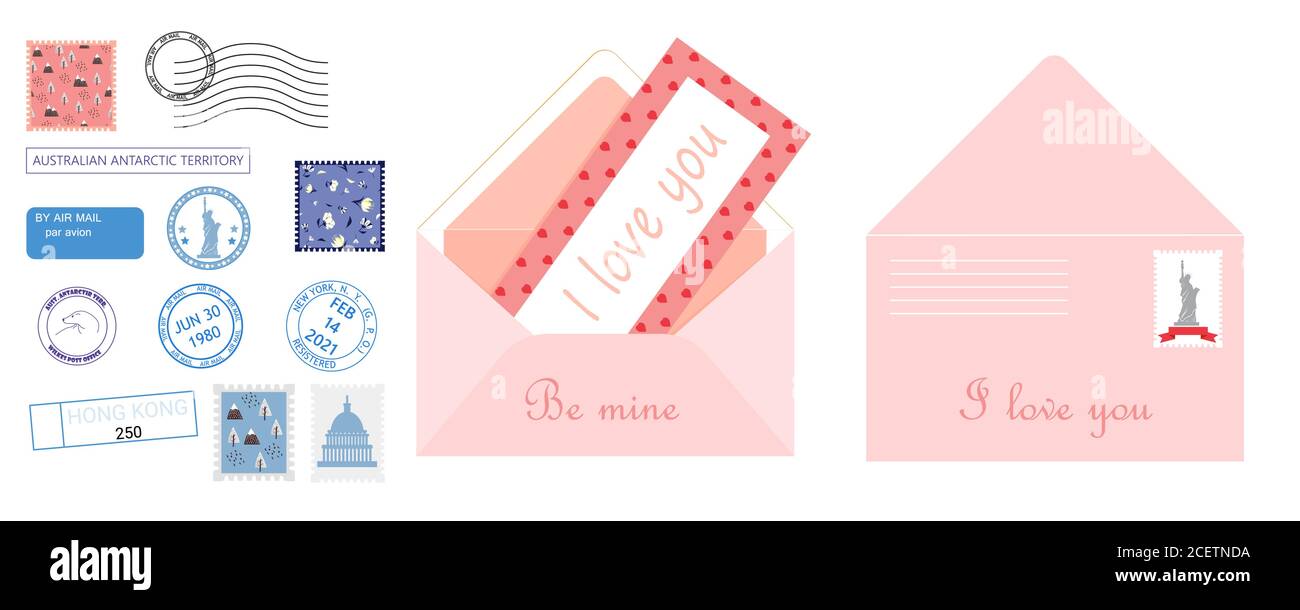Post card set vector. Envelopes with post stamps for website, app, chat ...