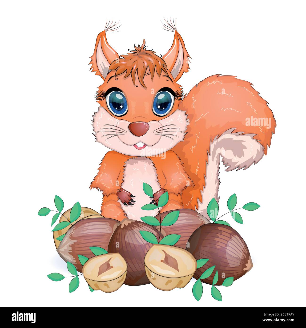 Cute cartoon squirrel with beautiful eyes holds a nut, surrounded by ...
