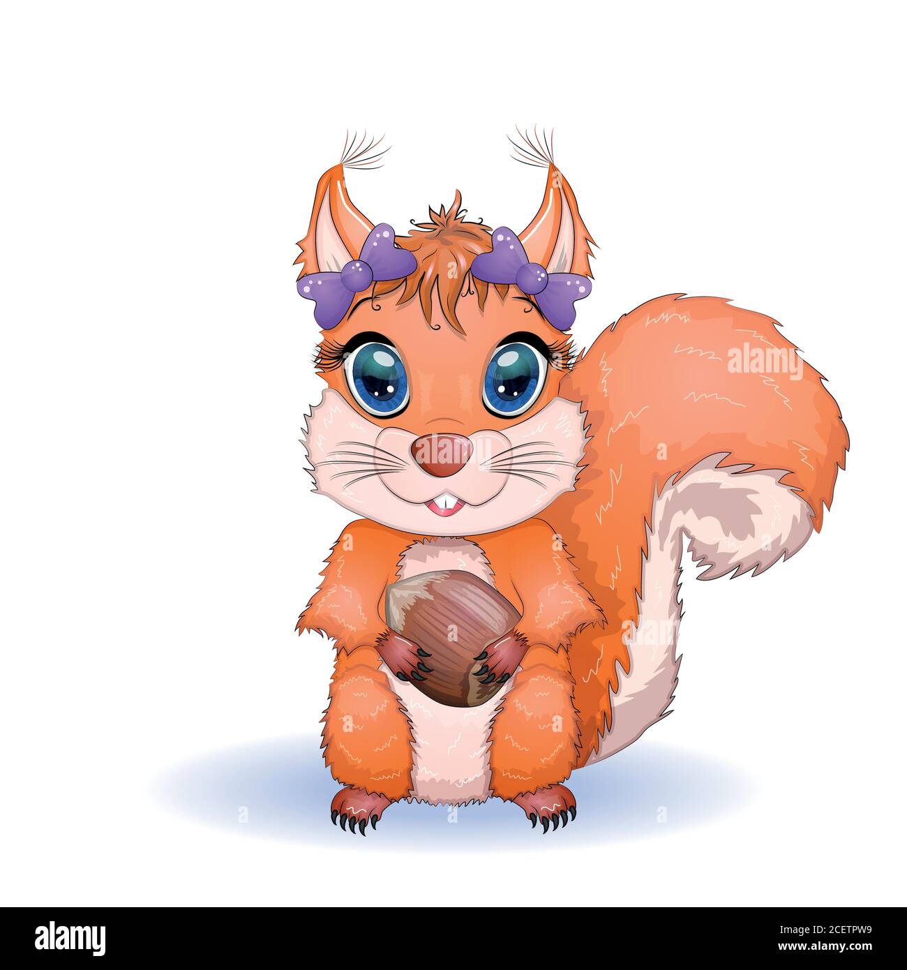 Cute cartoon squirrel with beautiful eyes holds a nut, surrounded by ...