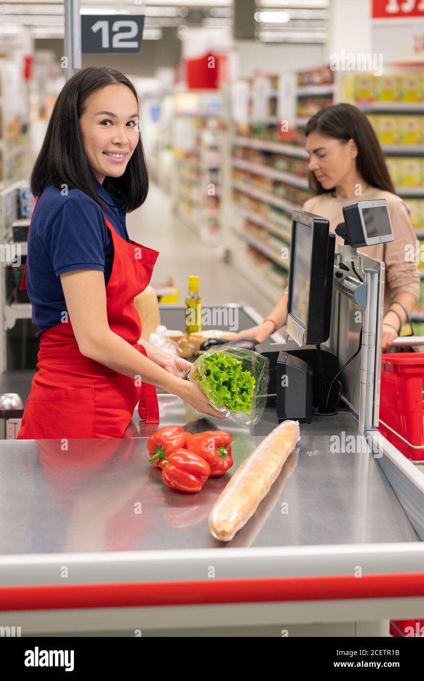 Vertical portrait of attractive Asian cashier wearing red apron working ...