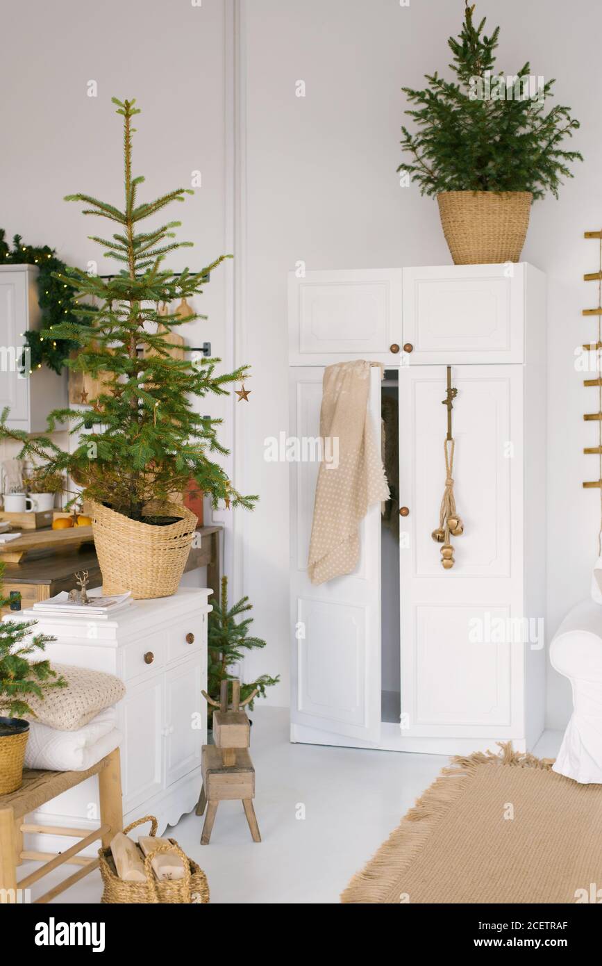 Wardrobe in the decorated bedroom for Christmas and New Year. Christmas ...